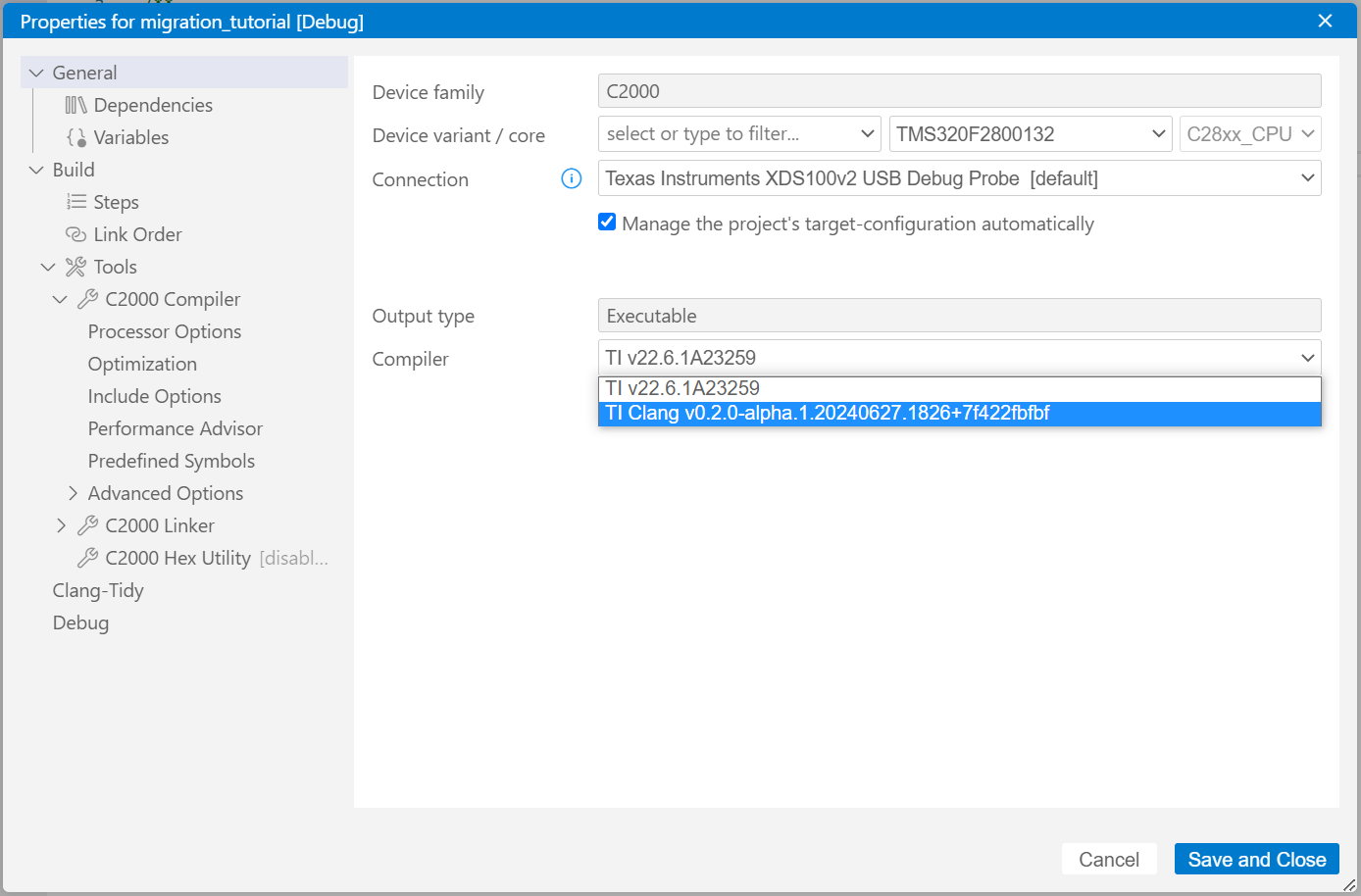 2. Migrating cl2000 CCS Projects to c29clang — C29 Clang Compiler Tools User's Guide