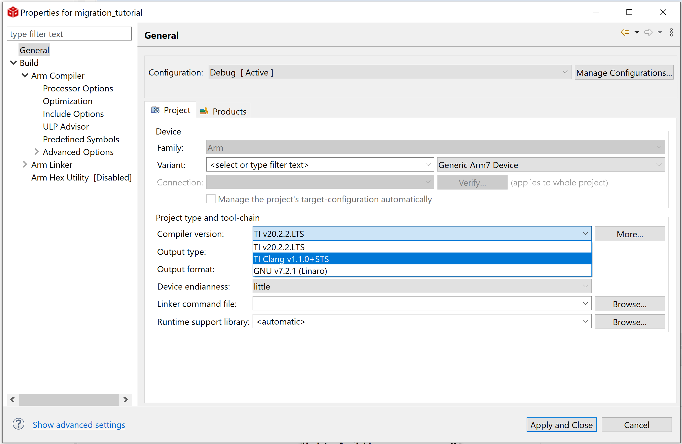 2. Migrating armcl CCS Projects to tiarmclang — TI Arm Clang Compiler Tools User's Guide